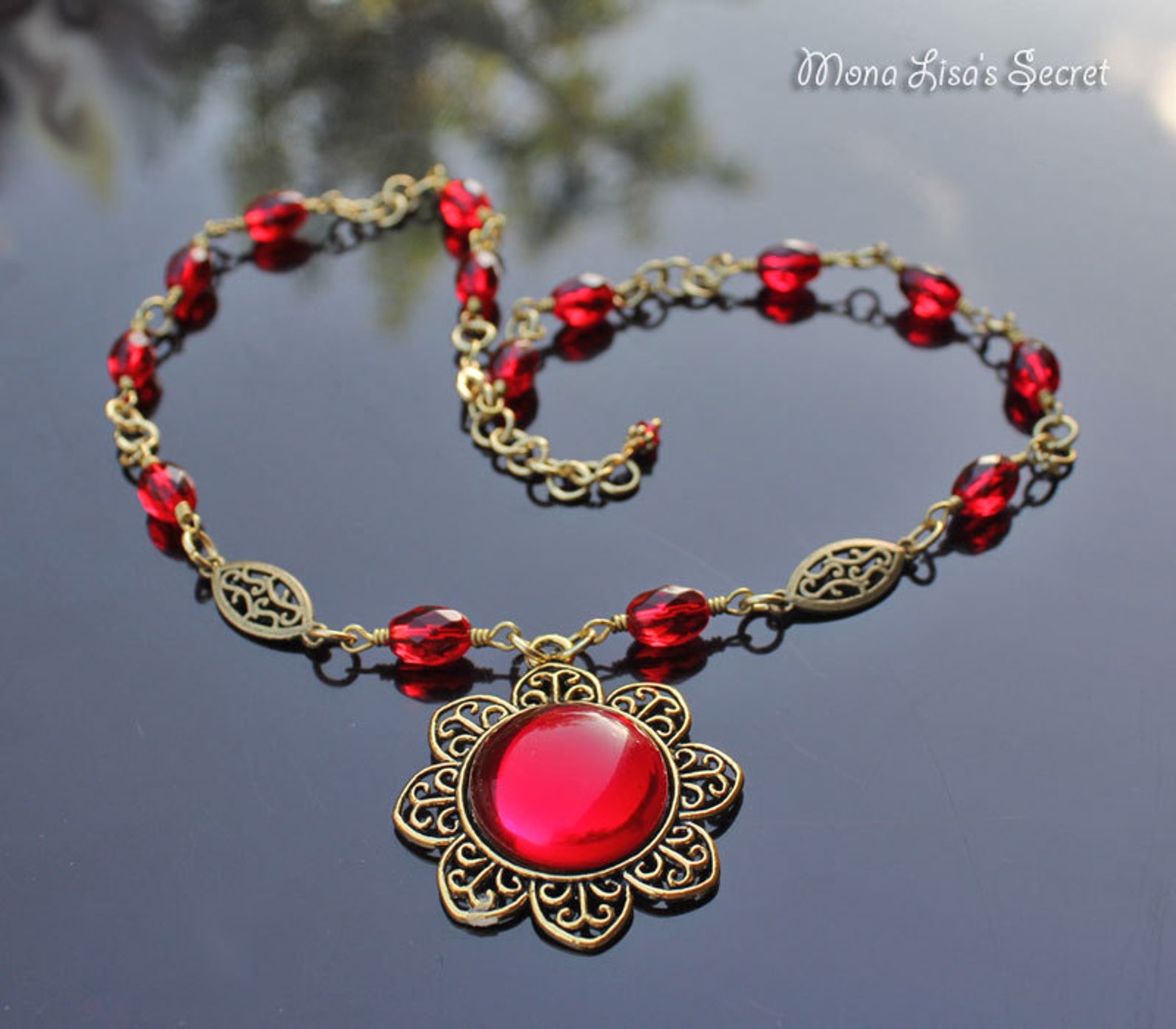 Red Crystal Necklace Red and Gold Necklace Red Filigree - Etsy