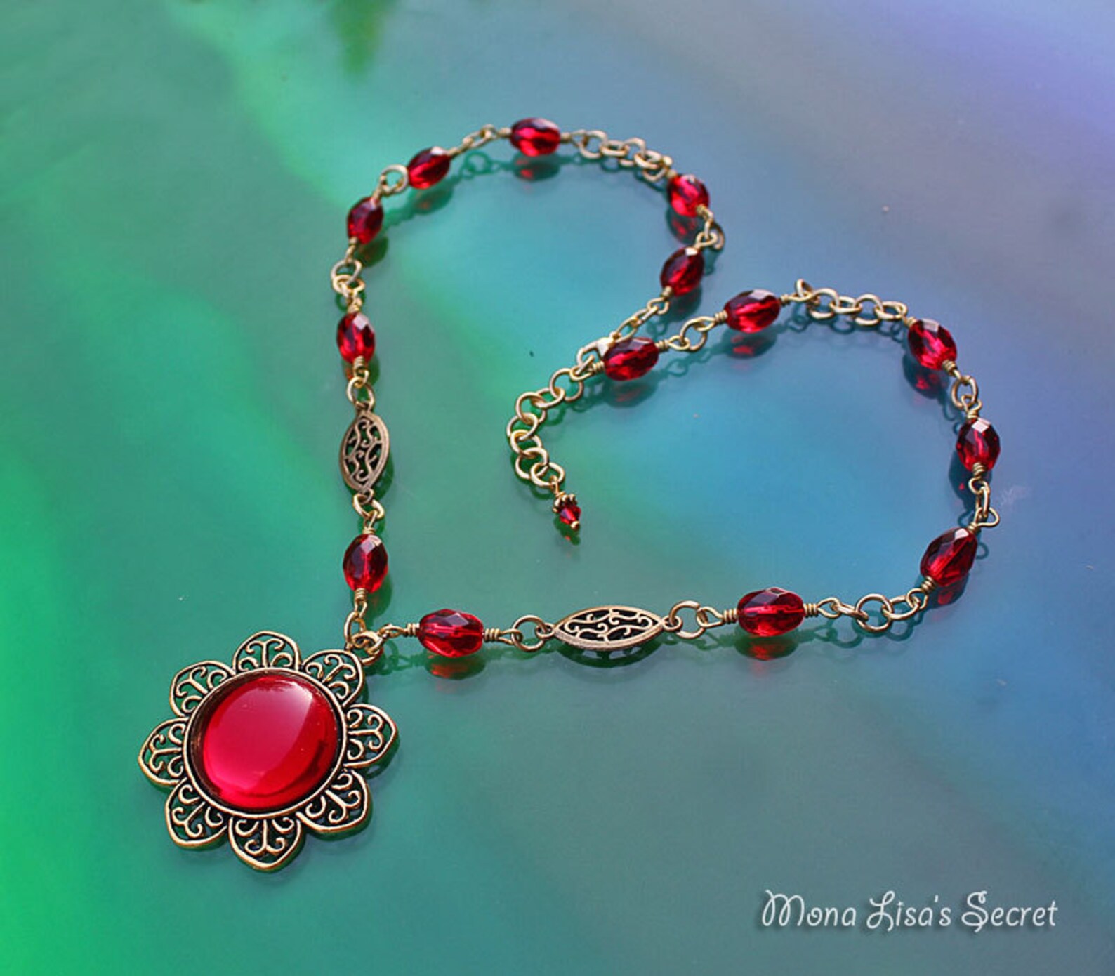 Red Crystal Necklace Red and Gold Necklace Red Filigree - Etsy