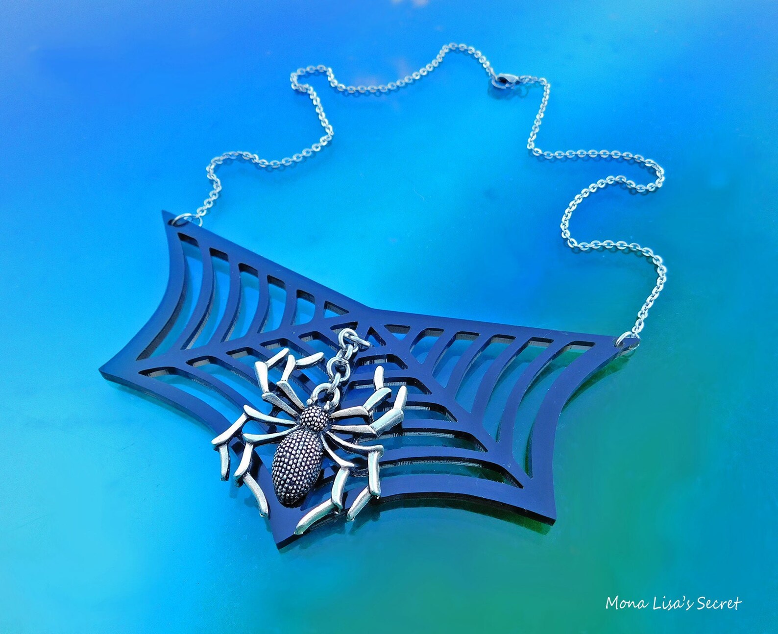Acrylic Spider Web Bib Style Necklace, Silver Metal Spider on Acrylic ...