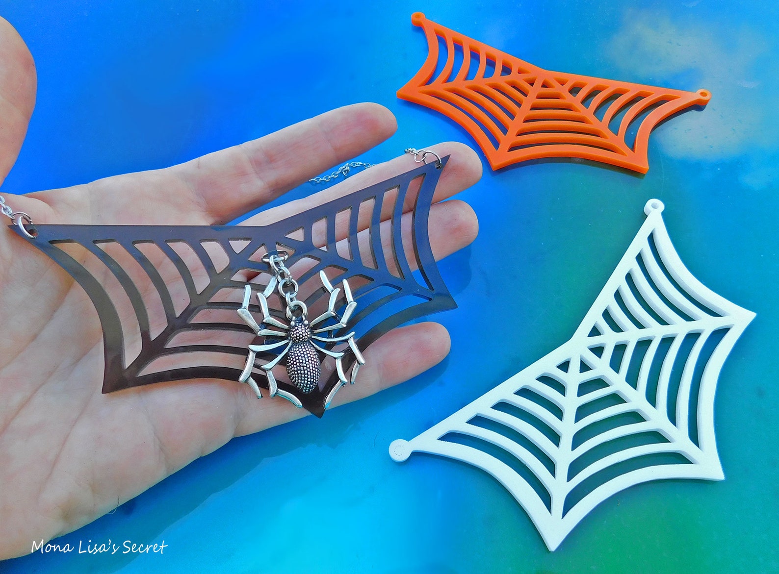 Acrylic Spider Web Bib Style Necklace, Silver Metal Spider on Acrylic ...