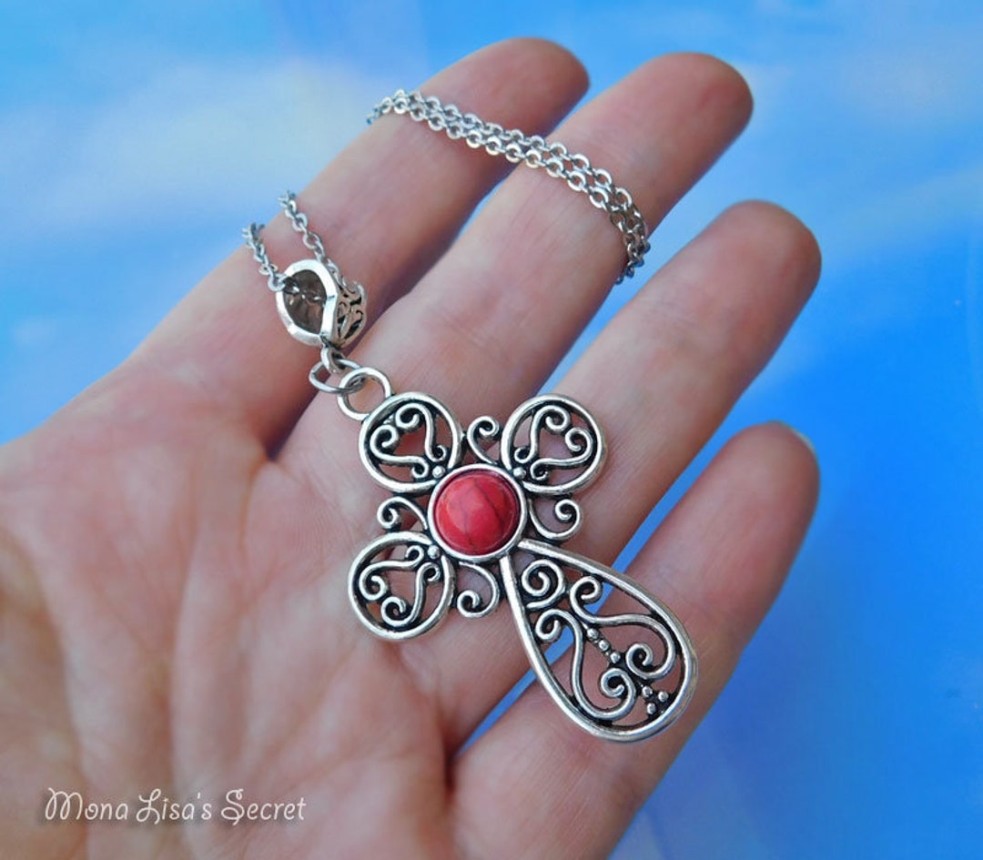 Filigree Red Howite Cross Necklace, Antique Silver Tone Cross Necklace ...