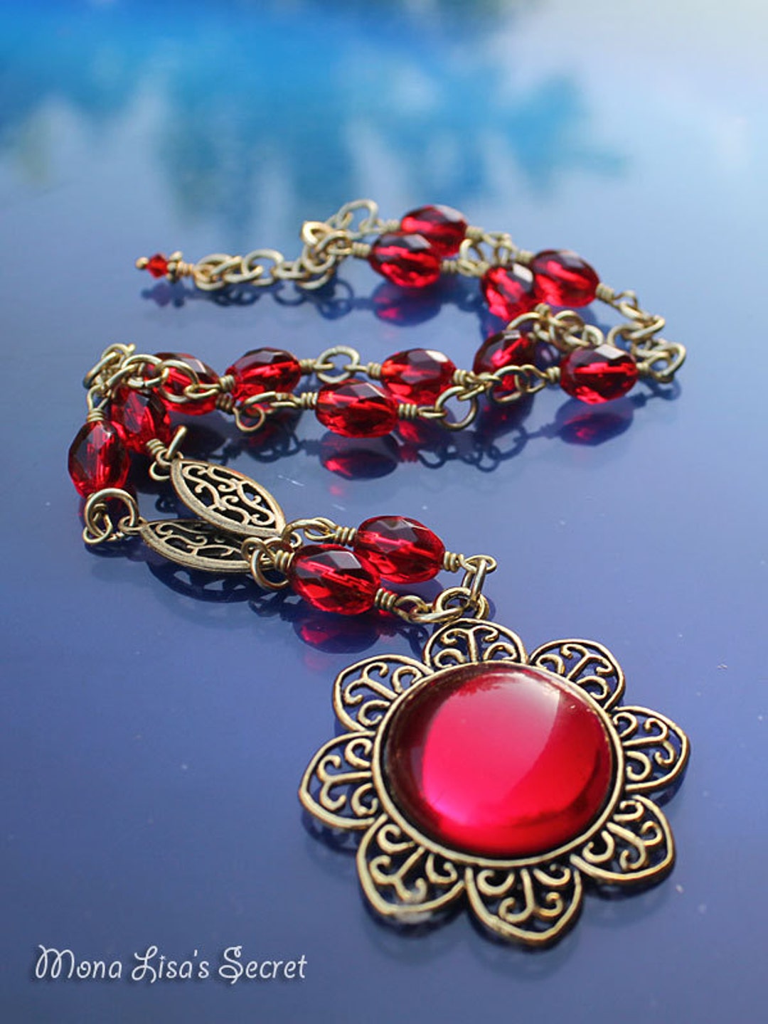 Red Crystal Necklace, Red and Gold Necklace, Red Filigree Flower ...