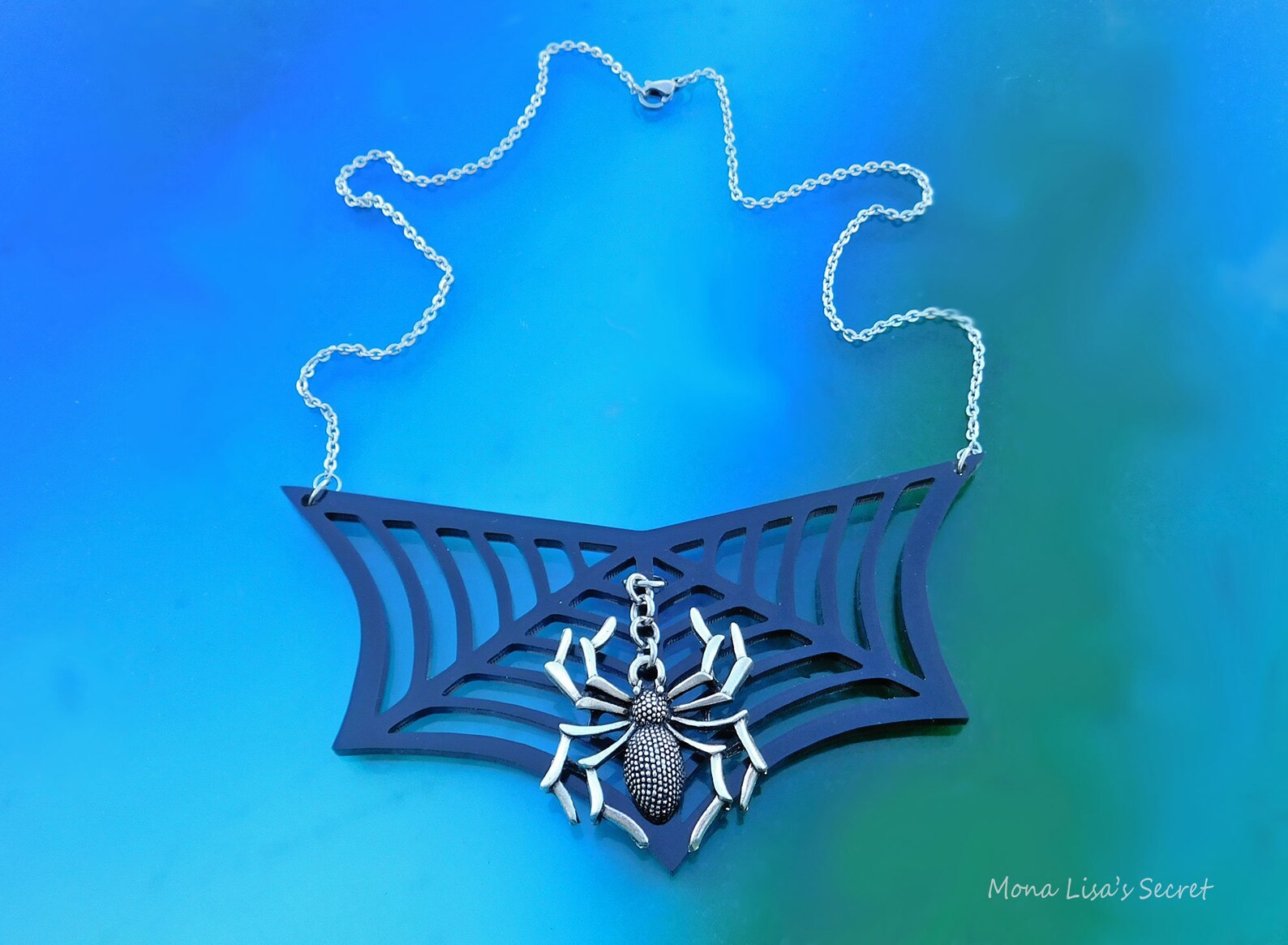 Acrylic Spider Web Bib Style Necklace, Silver Metal Spider on Acrylic ...