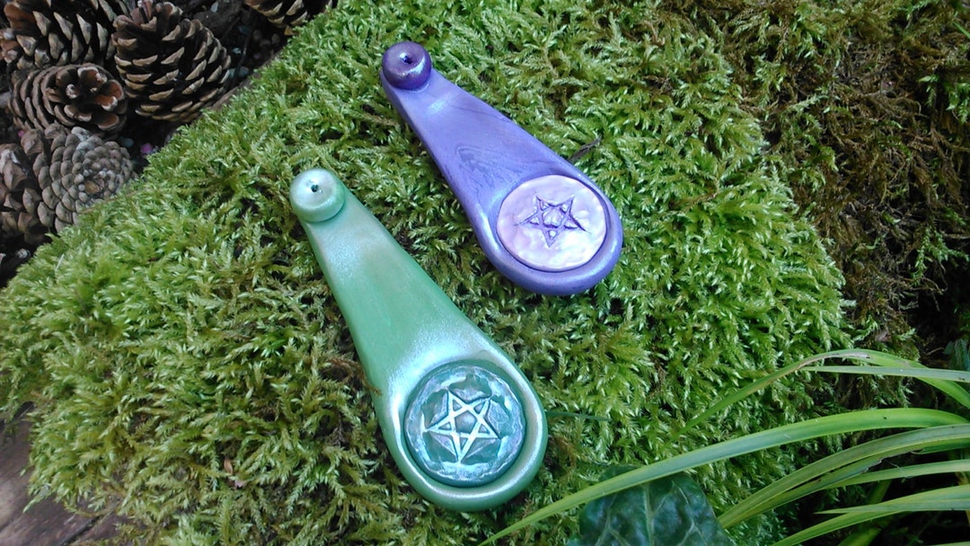 Incense Burner, Green or Purple Pentacle Clay Joss Stick Holder, Ash ...