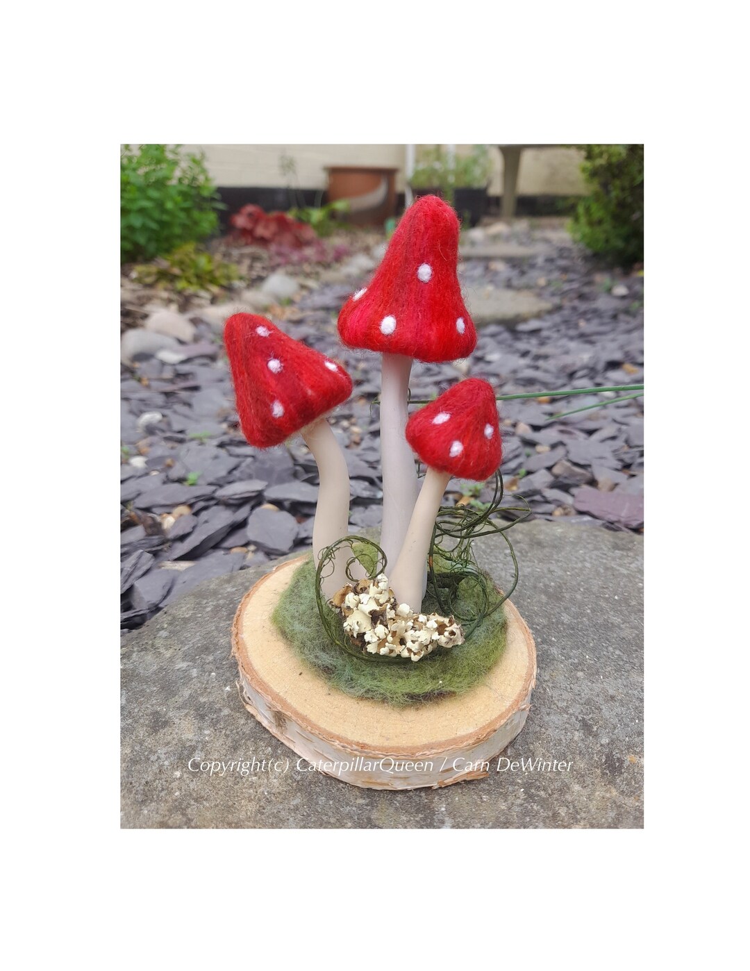 Three Needle Felted Red & White Toadstools on Wooden Base With Polymer ...