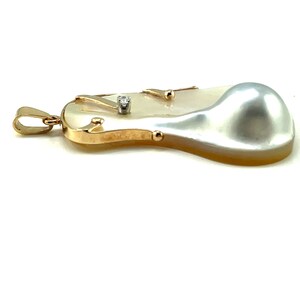 14K Blister Pearl and Diamond Pendant, Unique Shape and Design Set in a ...