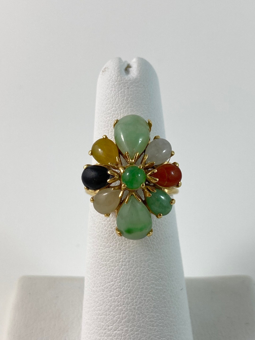 Anillo JADE de 14K, impresionantes piedras de jade multicolores ...