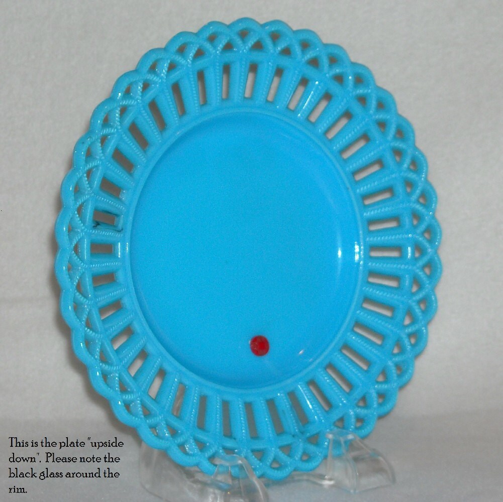 Antique Milk Glass Blue Turquoise Canton Plate w Gothic Rim. ojza