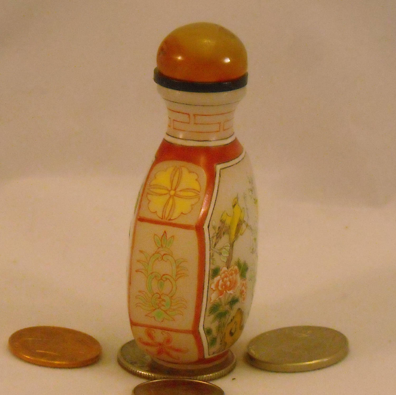 Antique Chinese Milk Glass Snuff Bottle w Birds & Flowers. qava