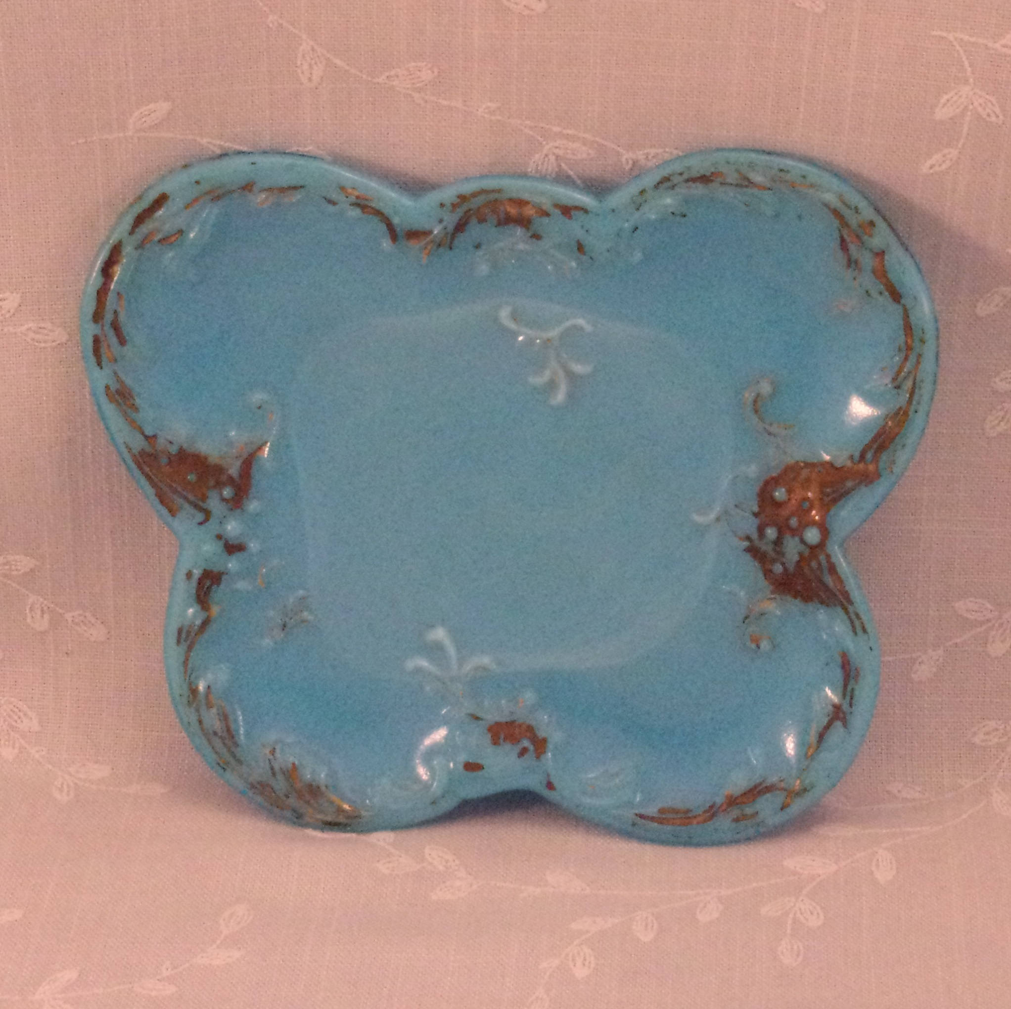 Antique Dithridge Turquoise Blue Milk Glass Butterfly Pin Tray. rbhb