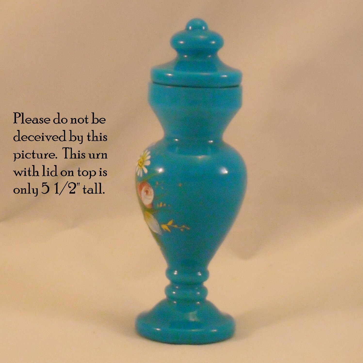 Antique Bristol Turquoise Blue Milk Glass Urn w Paint & Gold Gilt. qawb