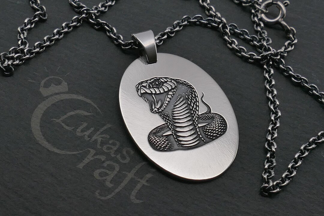 Silver Engraved Cobra Pendant on a Chain, Custom Engraved Text Optional ...