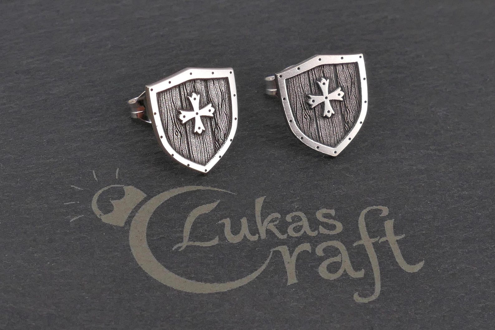 Shield Stud Earrings, Sterling Silver Wooden Medieval Knight's Armour ...