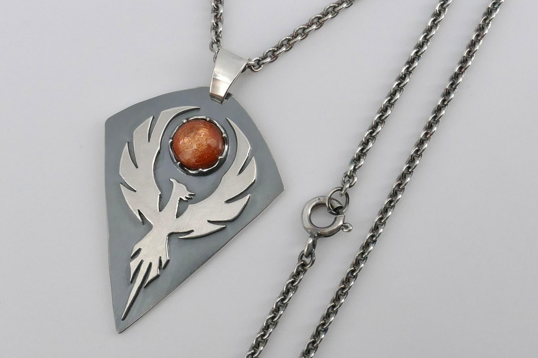 Silver Phoenix Sunstone Necklace, Shield Shaped Fire Bird Pendant With ...