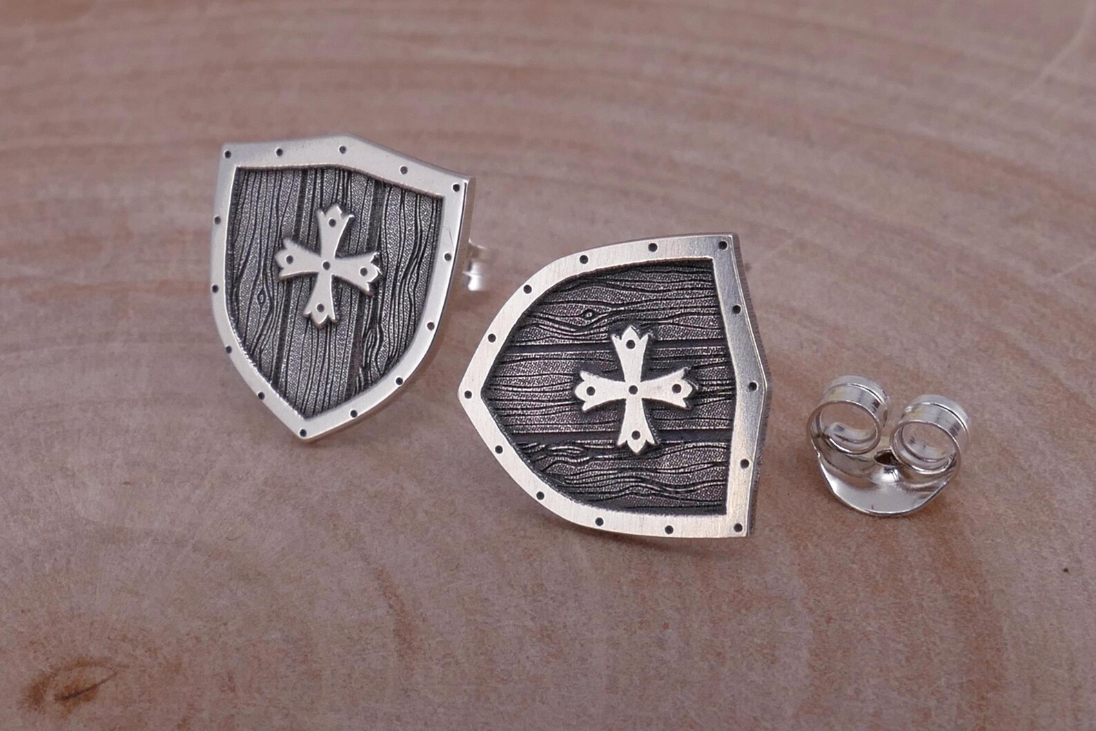 Shield Stud Earrings, Sterling Silver Wooden Medieval Knight's Armour ...