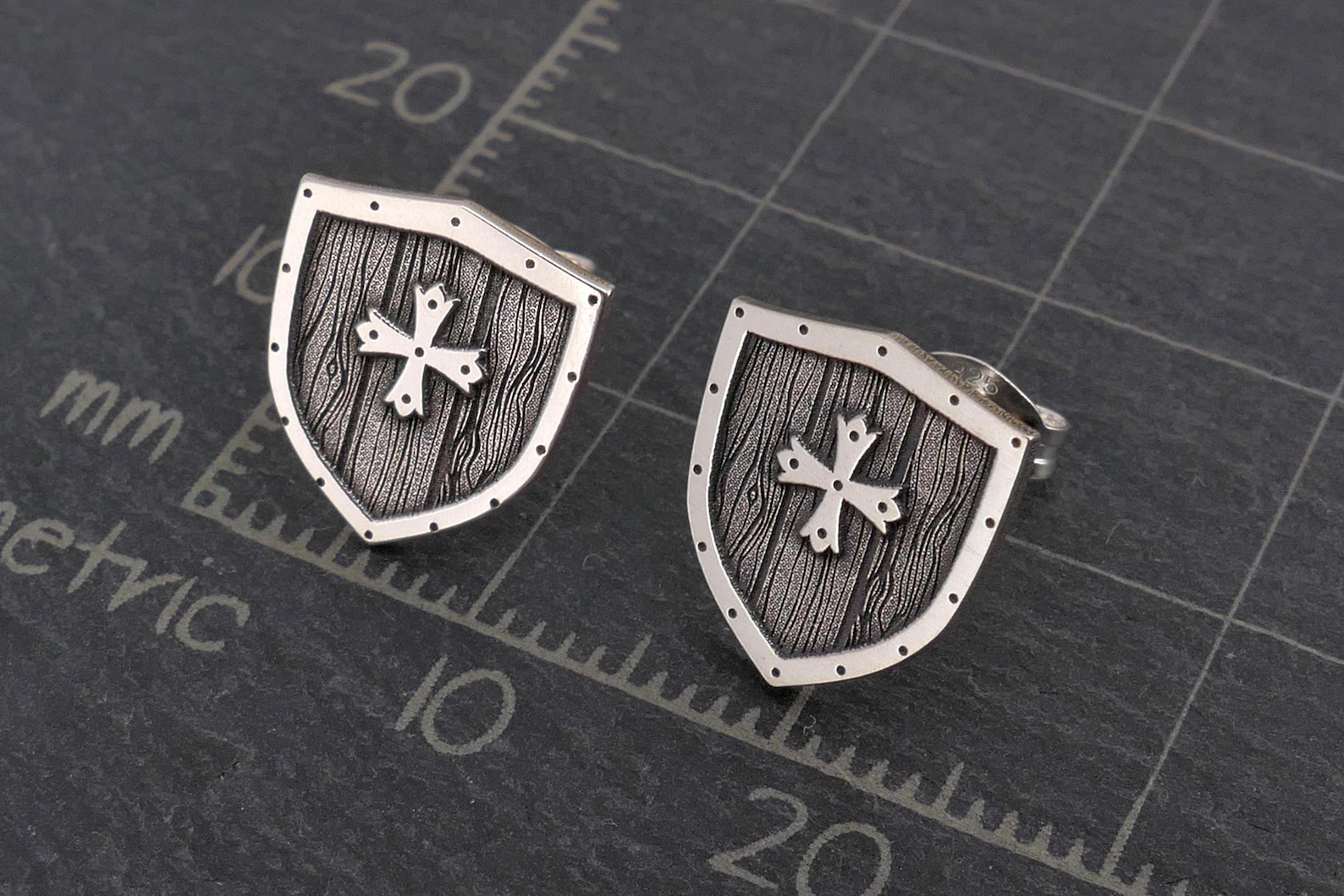 Shield Stud Earrings, Sterling Silver Wooden Medieval Knight's Armour ...