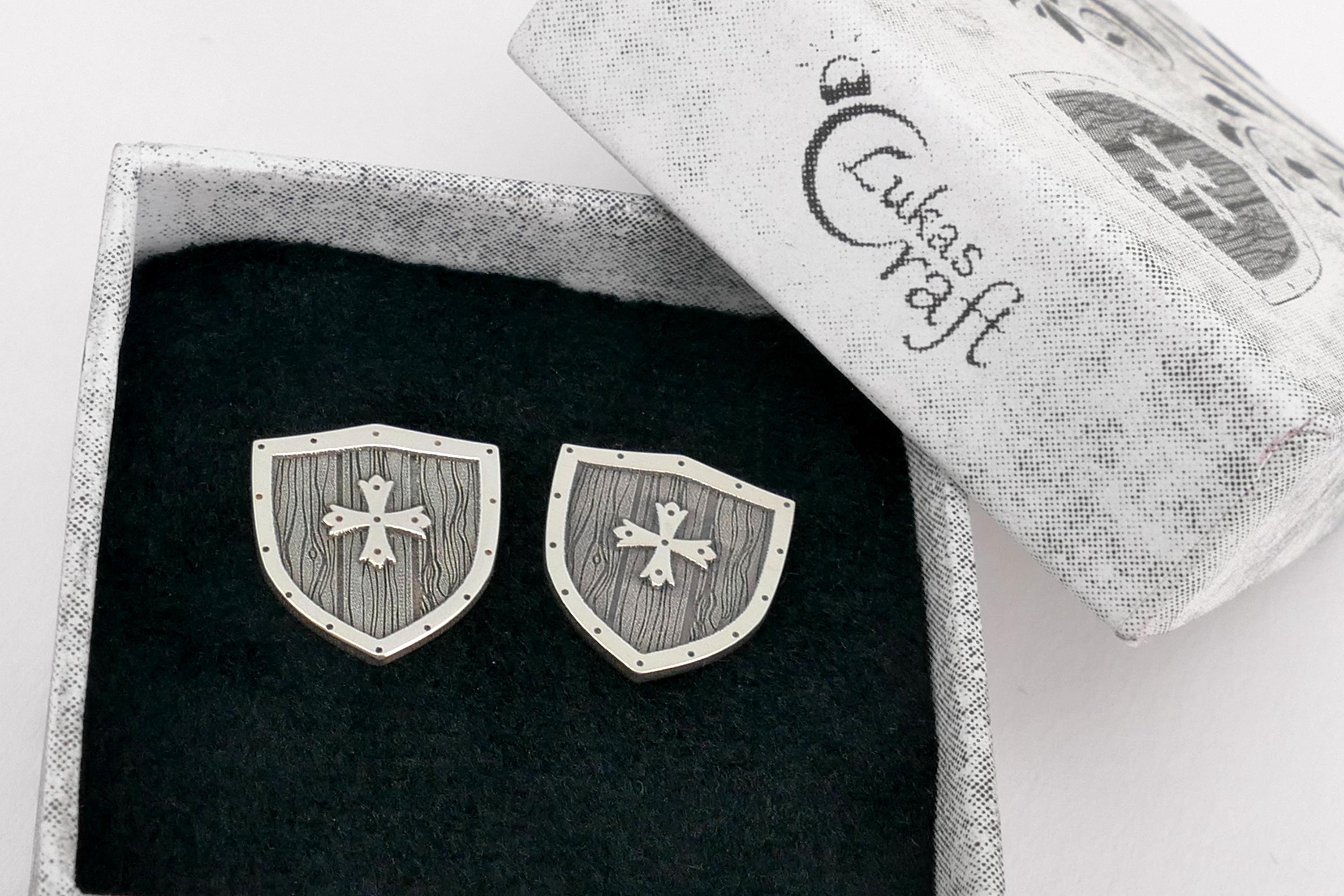 Shield Stud Earrings, Sterling Silver Wooden Medieval Knight's Armour ...