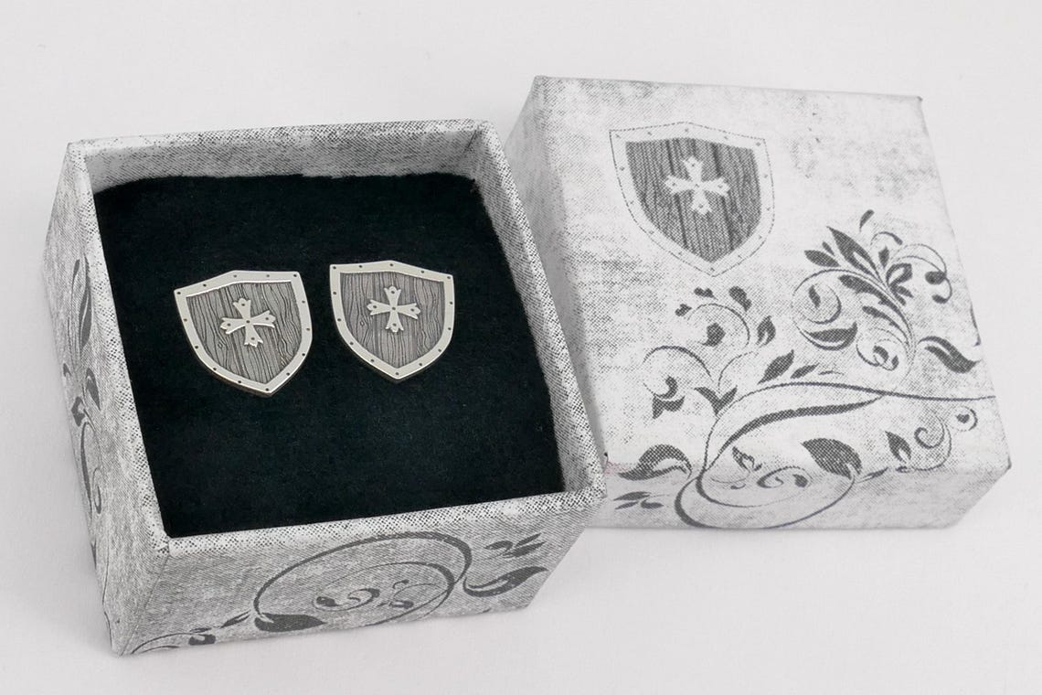 Shield Stud Earrings, Sterling Silver Wooden Medieval Knight's Armour ...