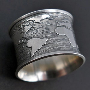 Earth Map Spinner Ring: Custom Engraved Sterling Silver Travel Ring ...