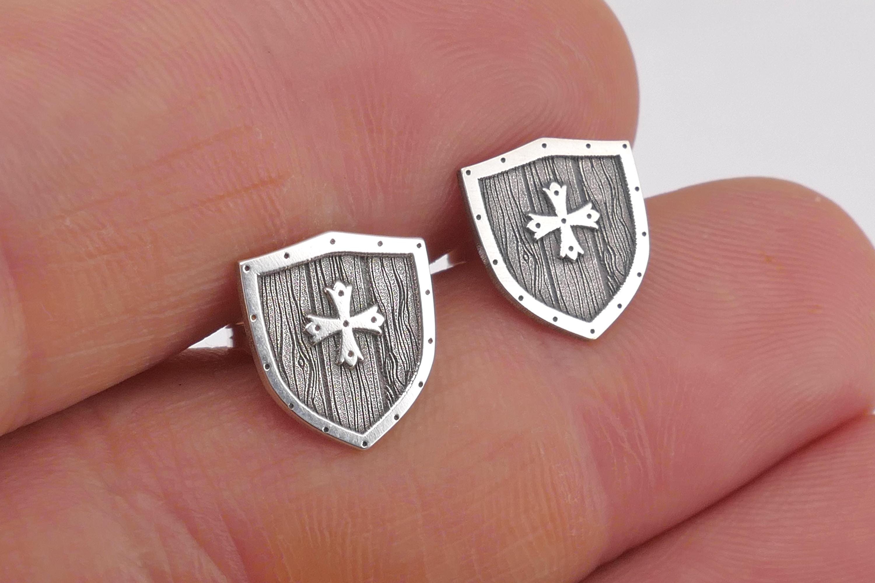 Shield Stud Earrings, Sterling Silver Wooden Medieval Knight's Armour ...