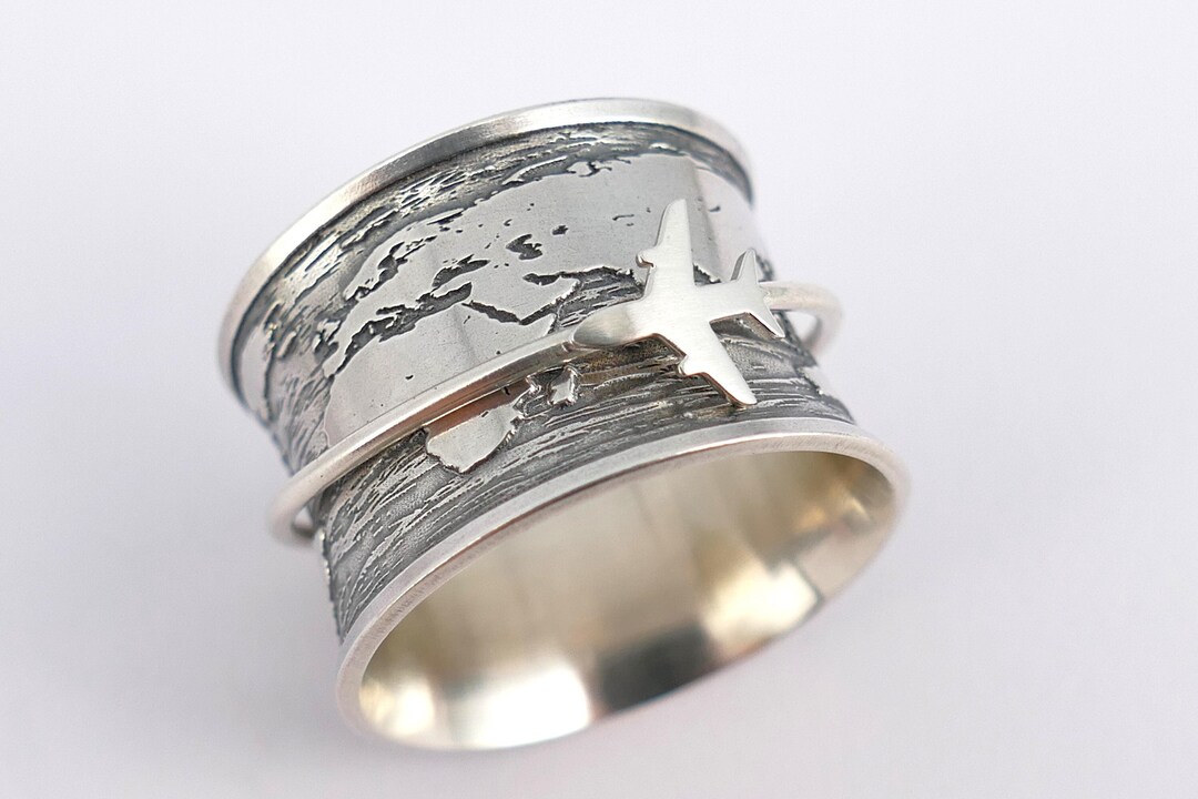 Earth Map Spinner Ring: Custom Engraved Sterling Silver Travel Ring ...