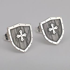 Shield Stud Earrings, Sterling Silver Wooden Medieval Knight's Armour ...