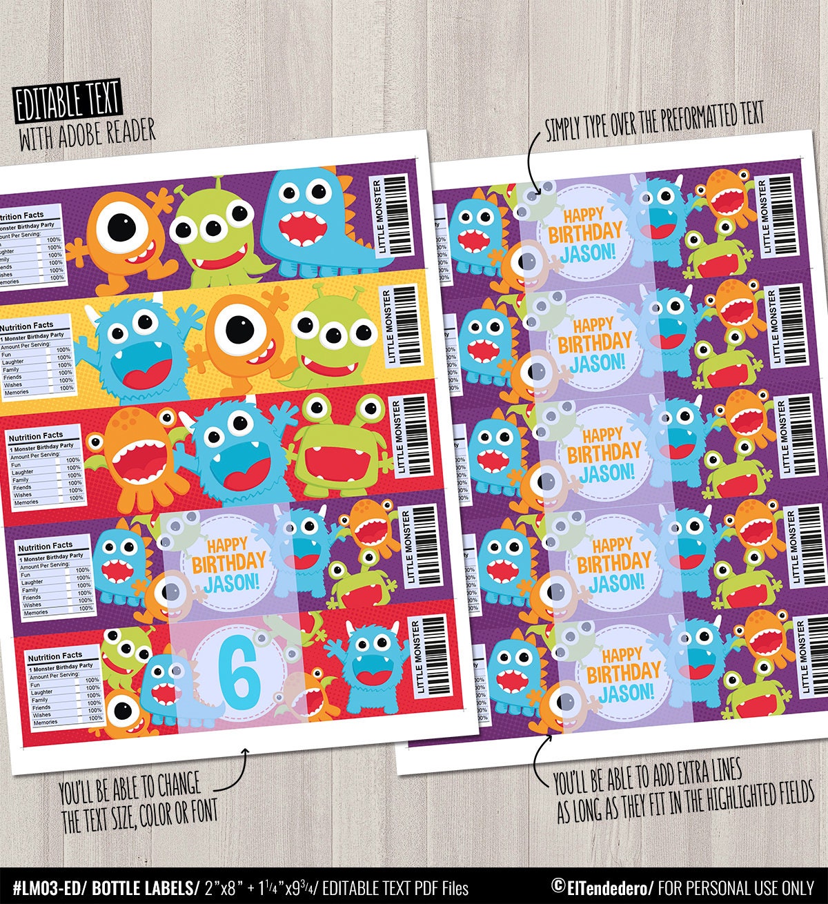SELF EDITABLE Little Monster Bottle Labels. Printable Kids | Etsy