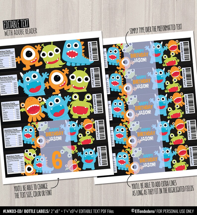 SELF EDITABLE Little Monster Bottle Labels. Printable Kids - Etsy