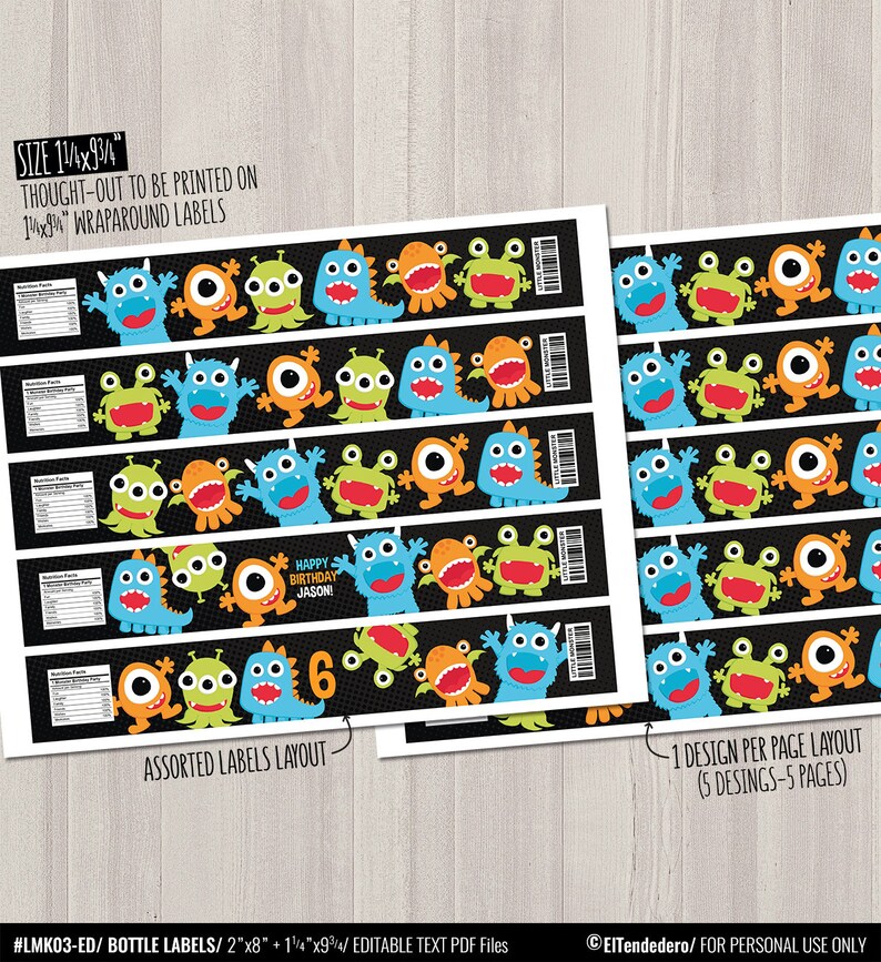 SELF EDITABLE Little Monster Bottle Labels. Printable Kids - Etsy