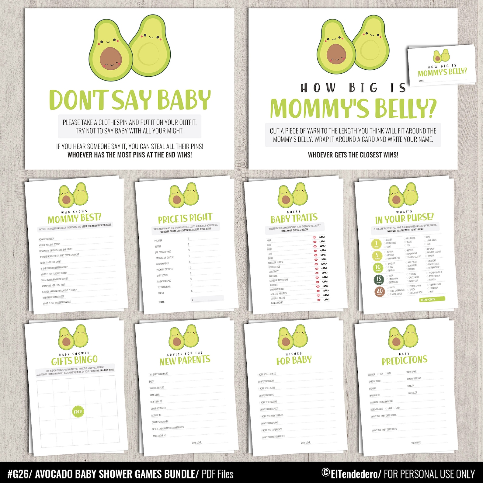 10 Avocado Baby Shower Games Bundle. Printable Games Package. Cute ...