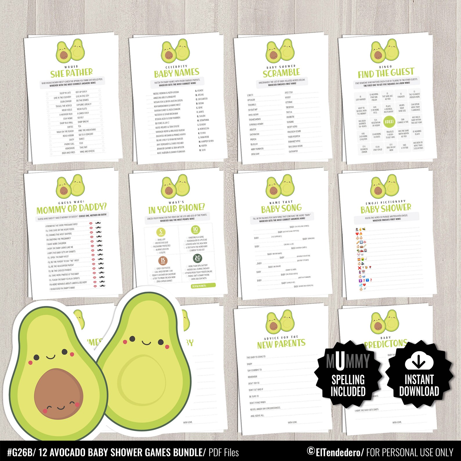 12 Avocado Baby Shower Games Bundle. Printable Games Package. Cute ...