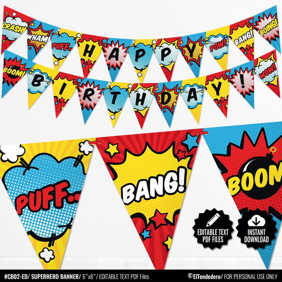 SELF EDITABLE/ Superhero Banner. Comic Book Bunting Banner. Printable ...