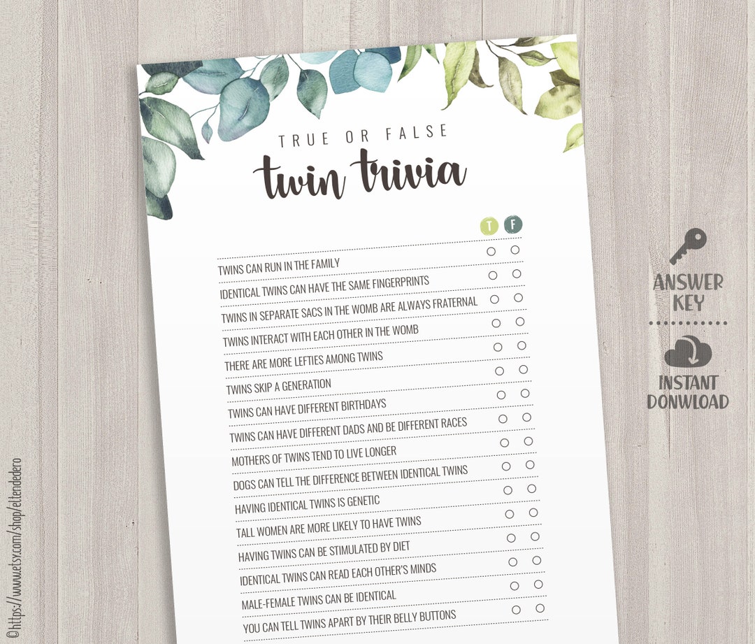 Twin Trivia Cards. Printable Greenery Baby Shower Games. True or False ...