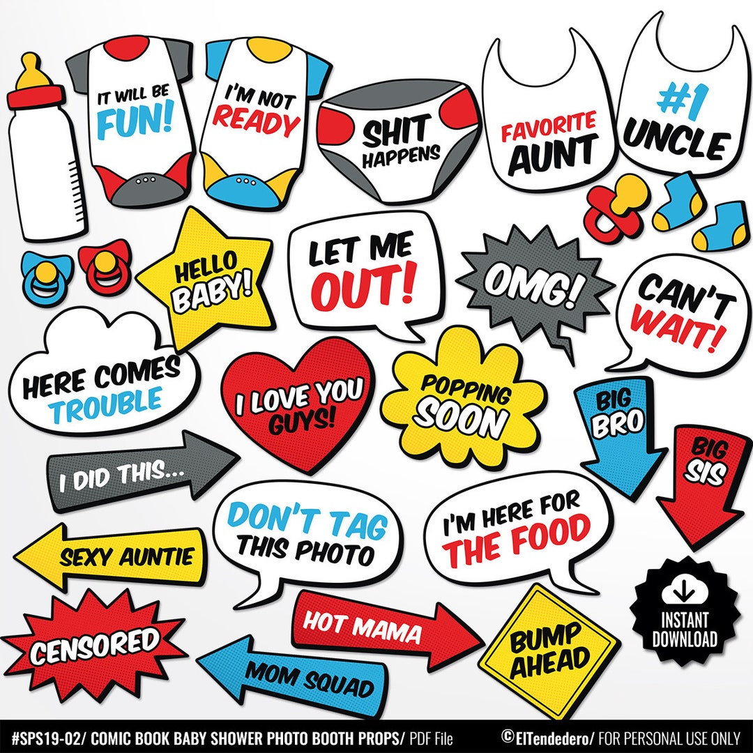 Funny Baby Shower Photo Booth Props Package. Comic Book - Superhero ...