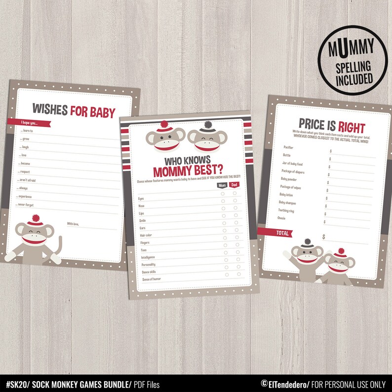 Sock Monkey Baby Shower Games Package Printable Game Cards - Etsy