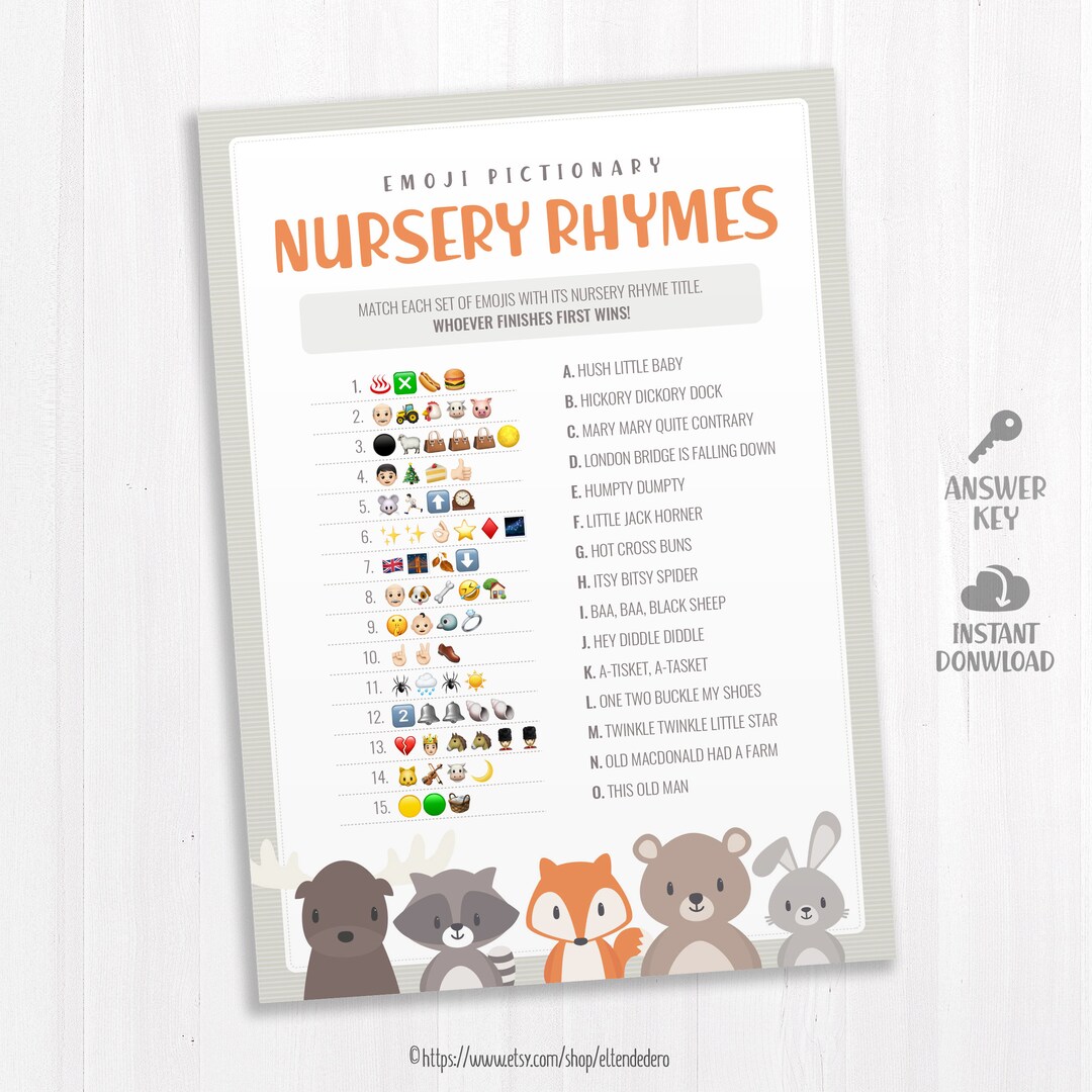 Nursery Rhymes Emoji Quiz Game Cards. Printable Woodland Baby Shower ...