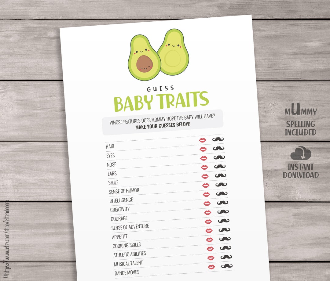 Baby Traits Game Cards. Avocado Baby Shower Games. Printable Guess Baby ...