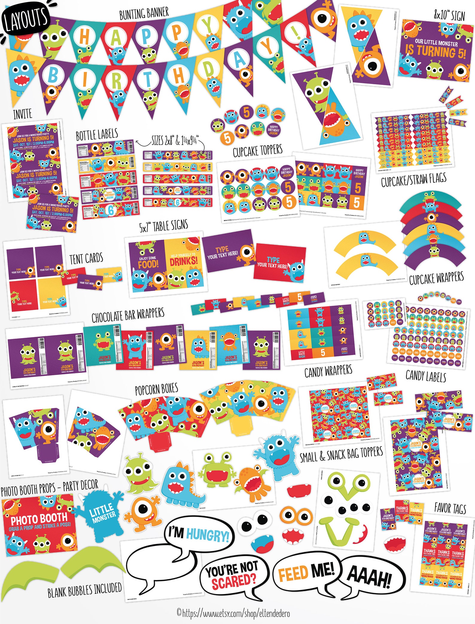 SELF EDITABLE Little Monster Birthday Decorations Package. - Etsy