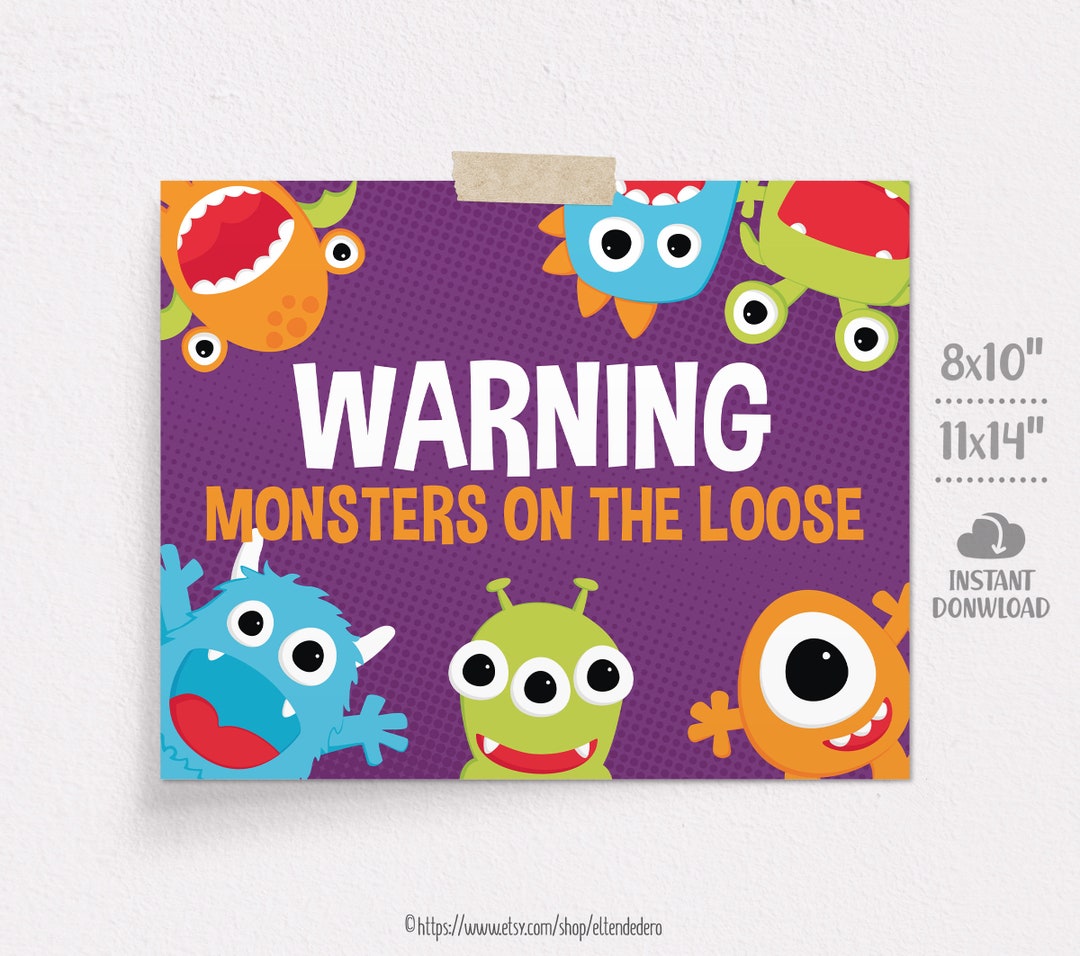 Monster Warning Sign. Printable Kids Birthday Party Sign. Funny Baby ...