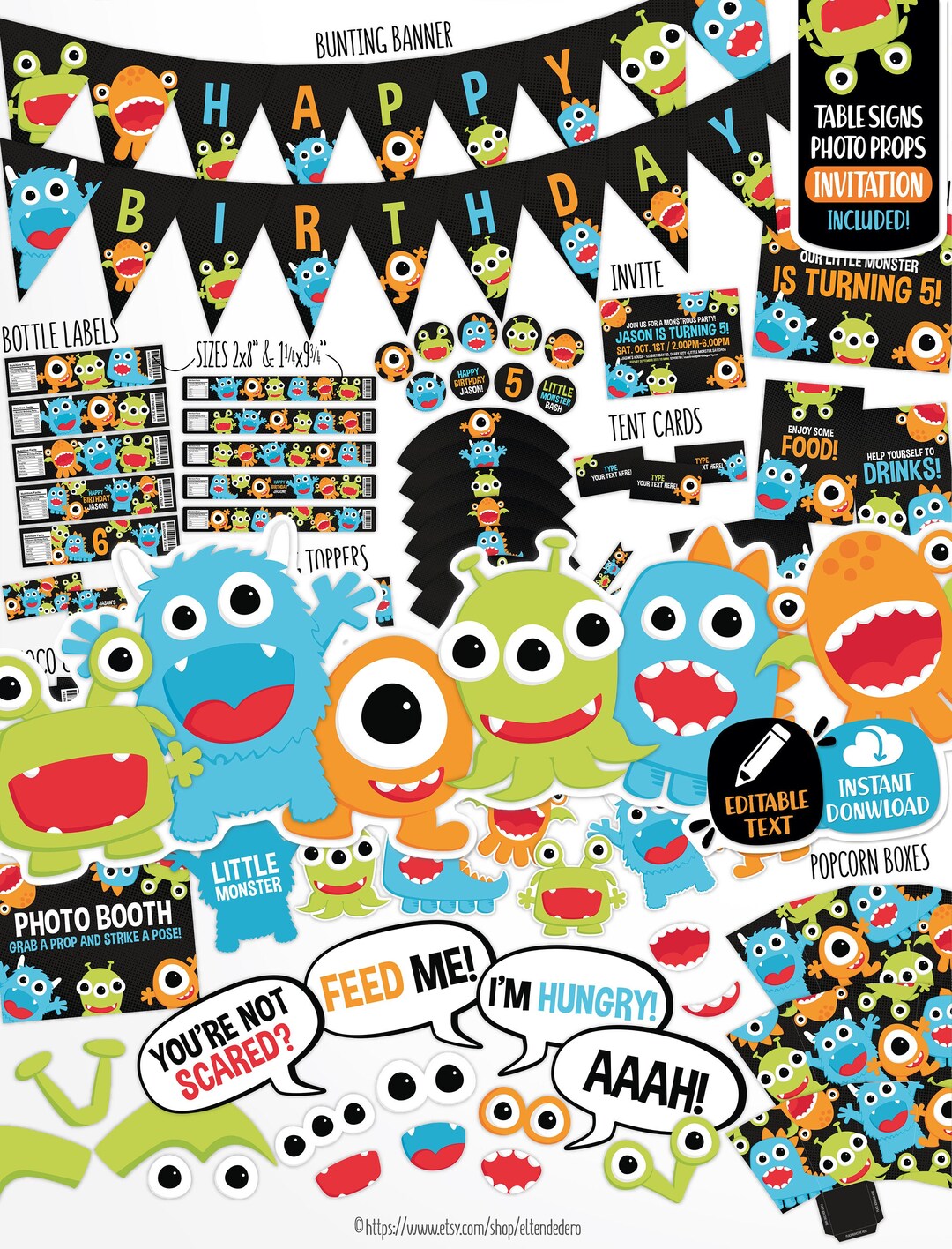 SELF EDITABLE Little Monster Birthday Decorations Package. Printable ...