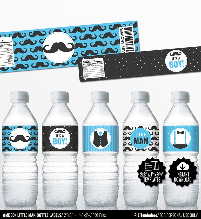 Blue Little Man Water Bottle Labels. Boy Baby Shower Mustache | Etsy