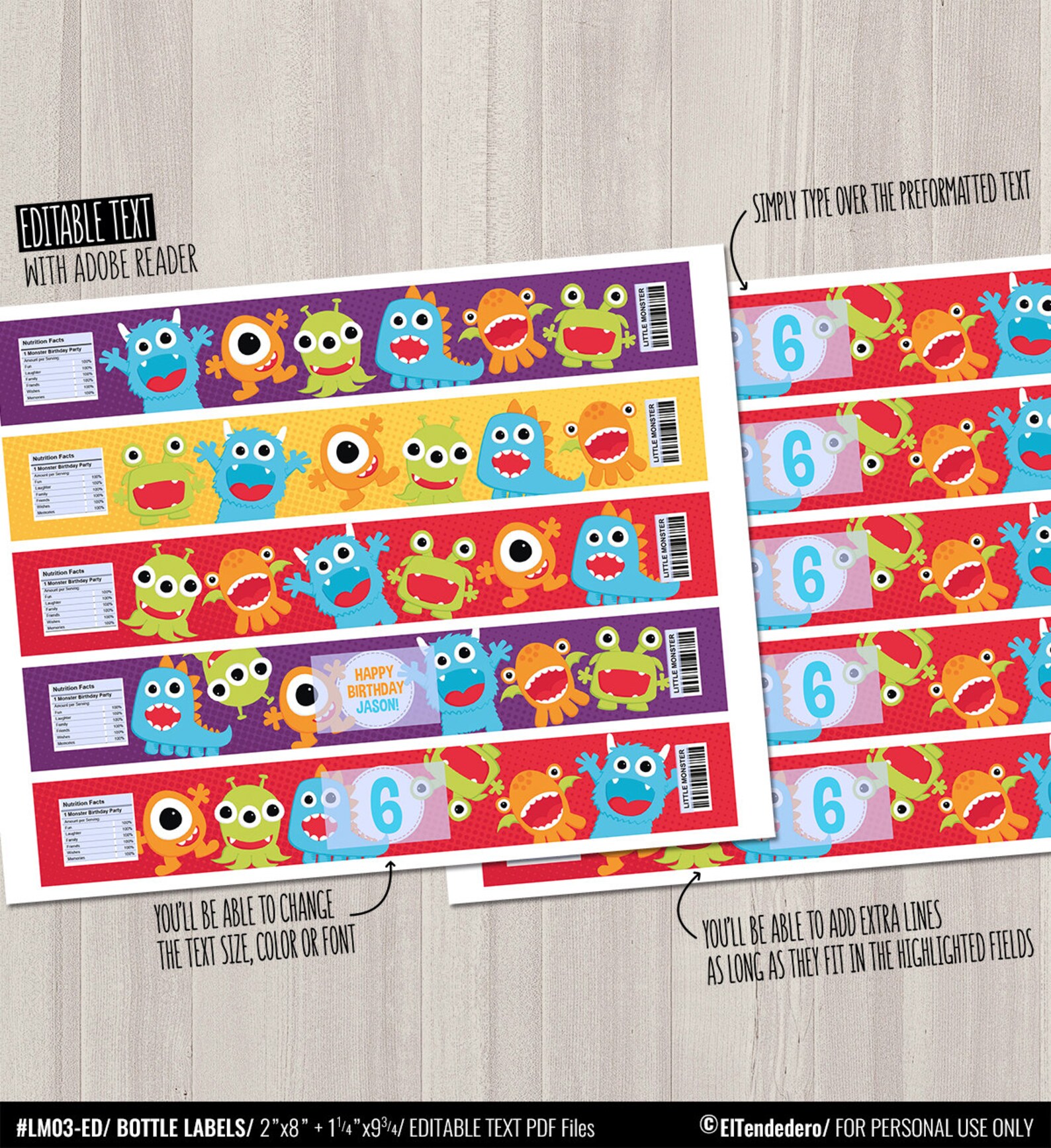 SELF EDITABLE Little Monster Bottle Labels. Printable Kids | Etsy