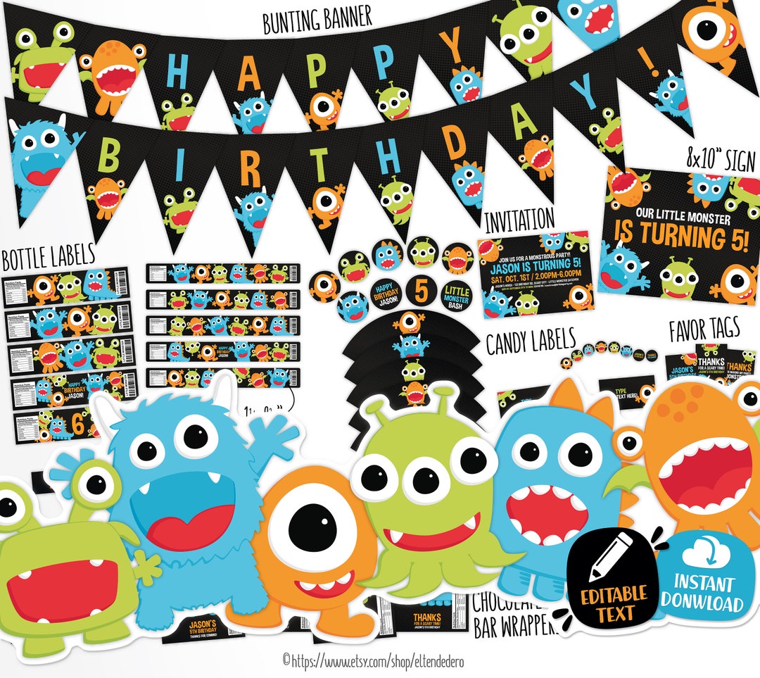SELF EDITABLE Little Monster Birthday Decorations Package. - Etsy