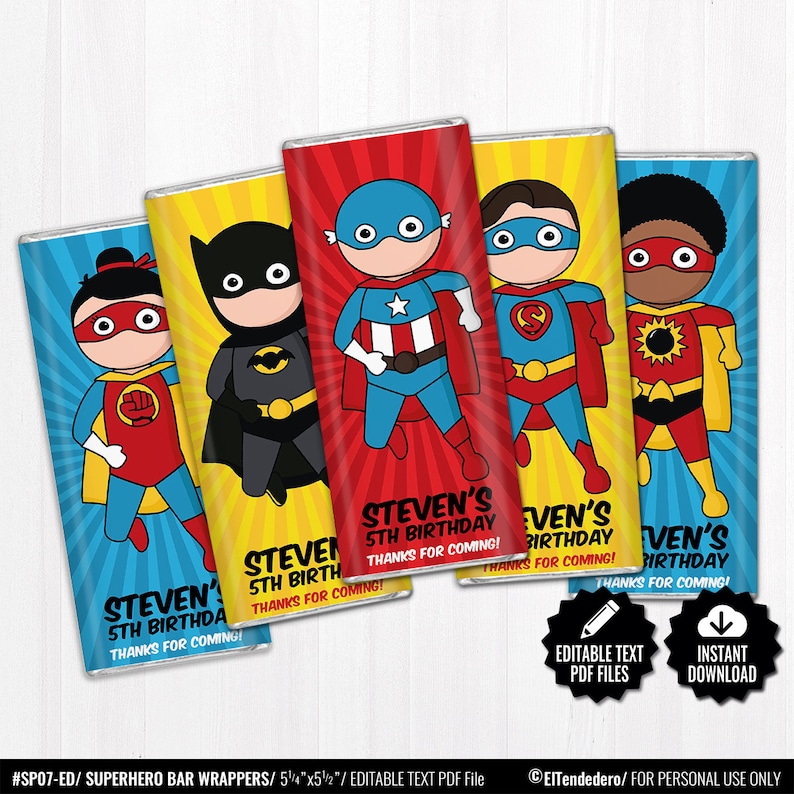 SELF EDITABLE Superhero Chocolate Bar Wrappers. Kids Birthday Chocolate ...