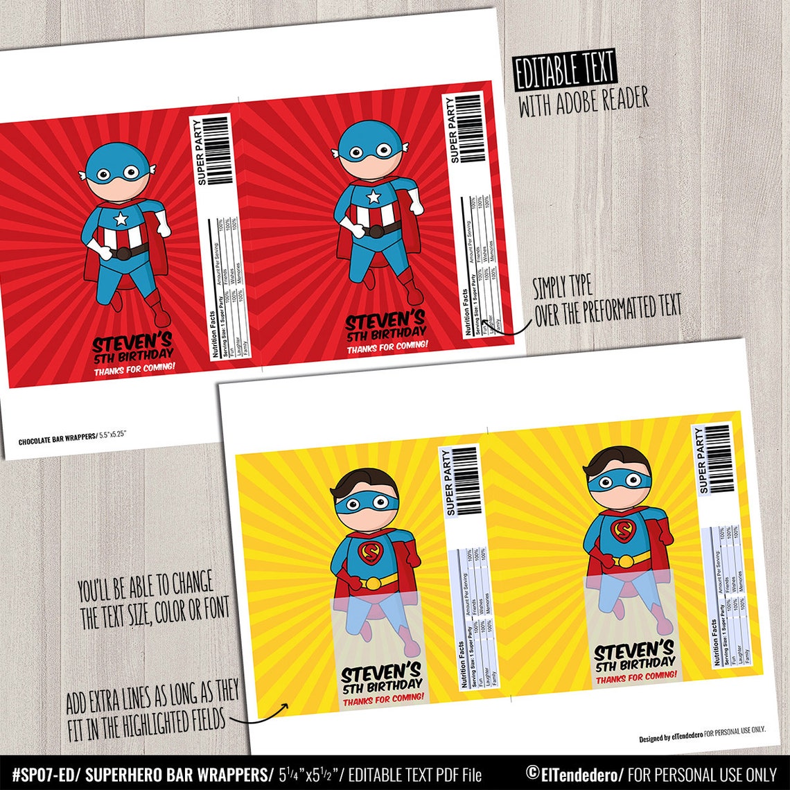 SELF EDITABLE Superhero Chocolate Bar Wrappers. Kids Birthday | Etsy