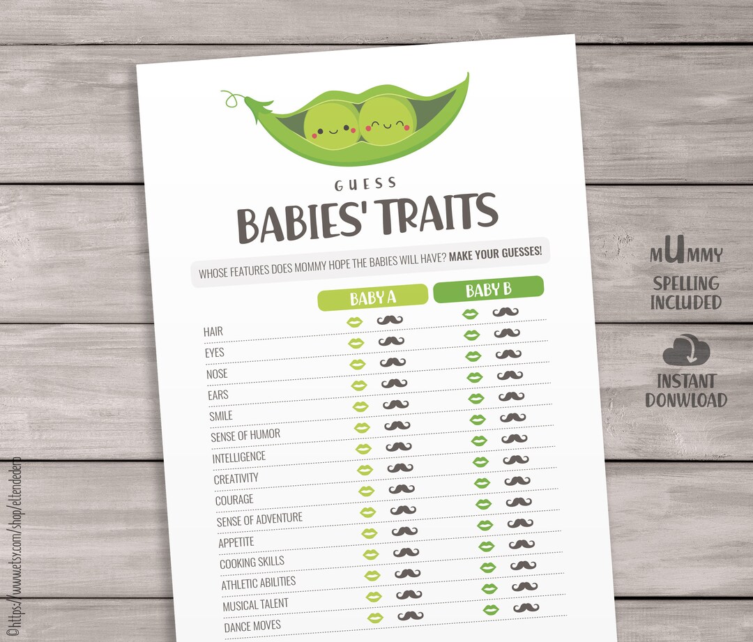 Twin Baby Traits Game Cards. Twin Baby Shower Games. Two Peas in a Pod ...