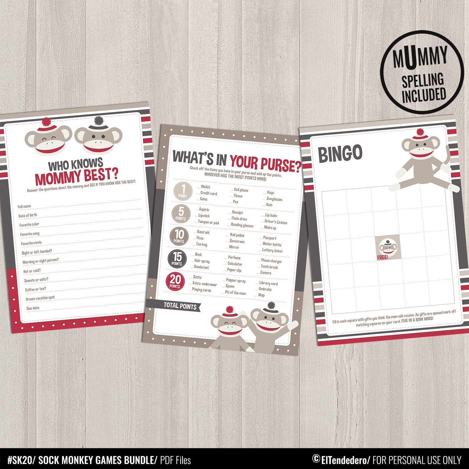 Sock Monkey Baby Shower Games Package Printable Game Cards | Etsy