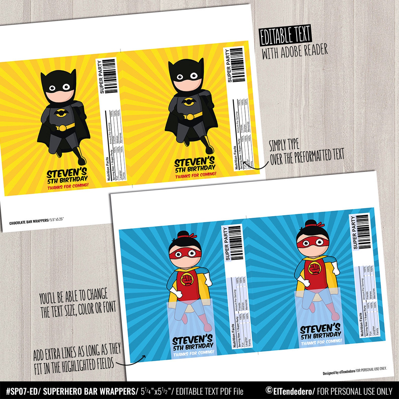 SELF EDITABLE Superhero Chocolate Bar Wrappers. Kids Birthday | Etsy