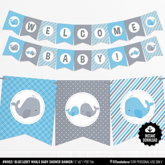 Whale Baby Shower Banner Boy Baby Banner Blue and Gray | Etsy