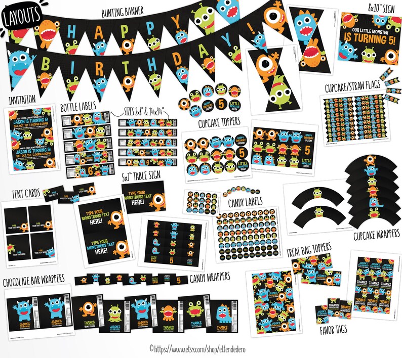 SELF EDITABLE Little Monster Birthday Decorations Package. | Etsy